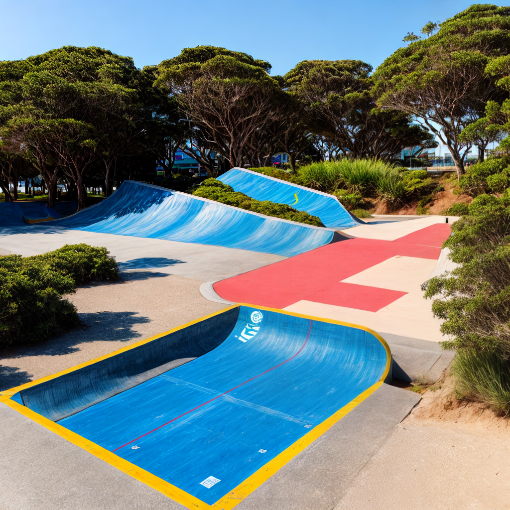 linear skate park with footpath near beach