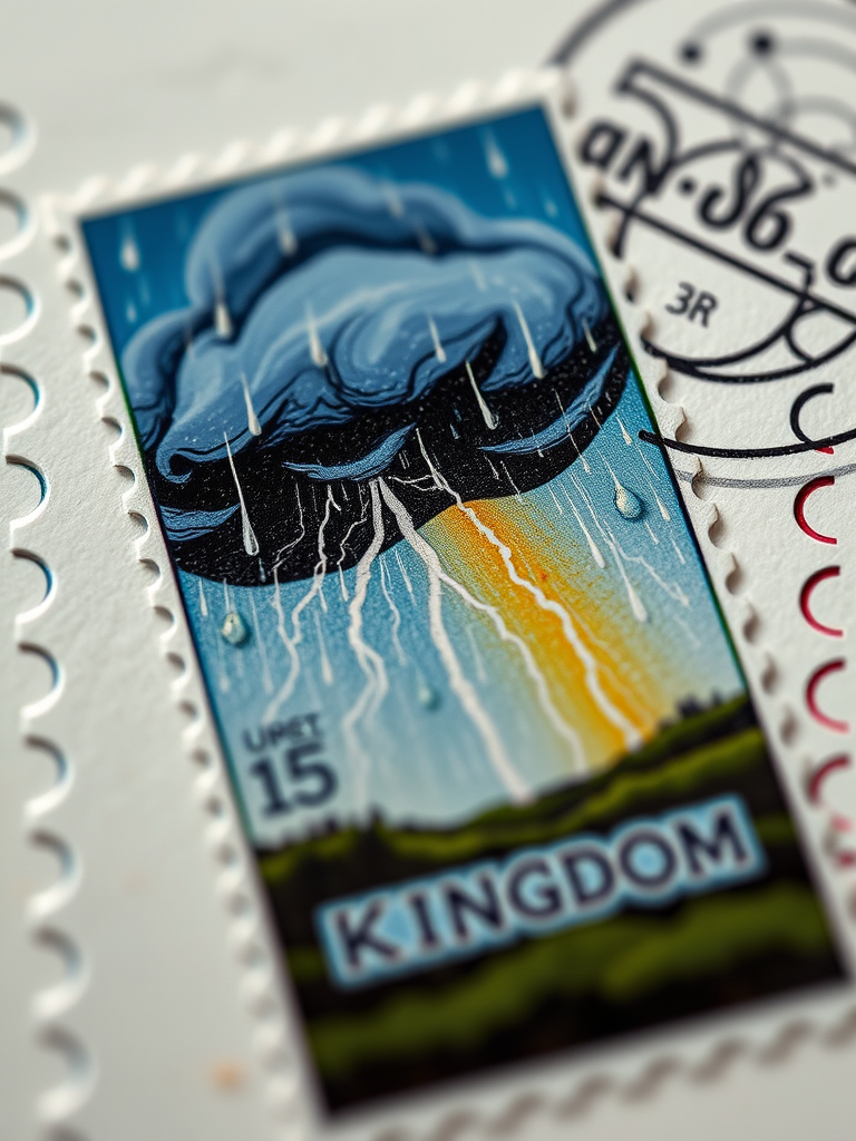 Colorful Stamp Depicting Stormy Weather Over a Green Landscape Scene