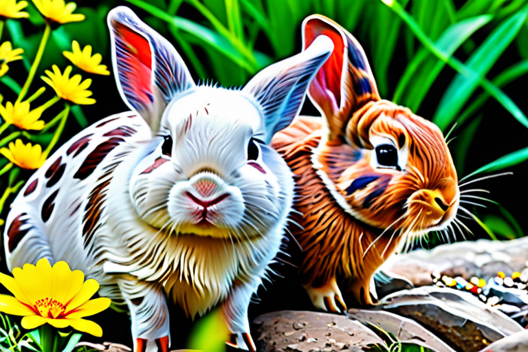 adorable brown spotted piglet and yellowish lop rabbit sleeping ...