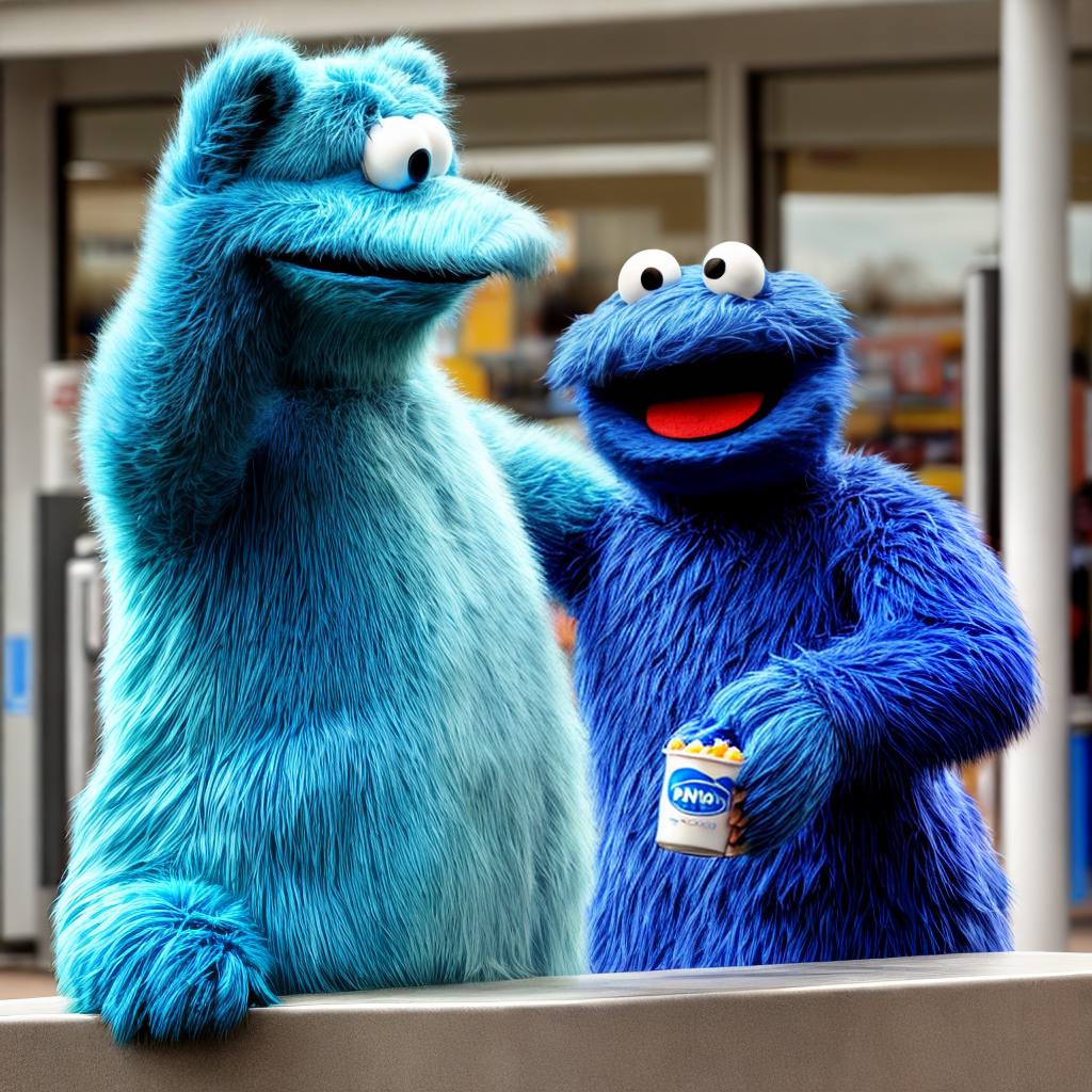 cookie monster throwing up in a gas station