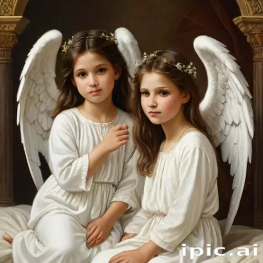 Two Serene Young Angels with Wings in Ethereal White Garments