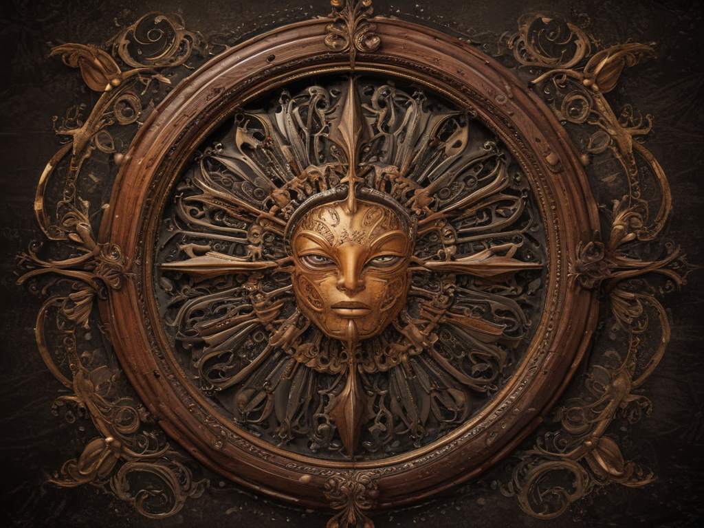 Intricate Artistic Design Featuring a Golden Sun Face Surrounded by ...