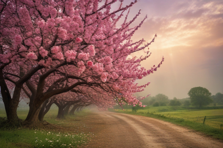 Serene Pathway Surrounded by Blooming Cherry Blossom Trees at Sunrise