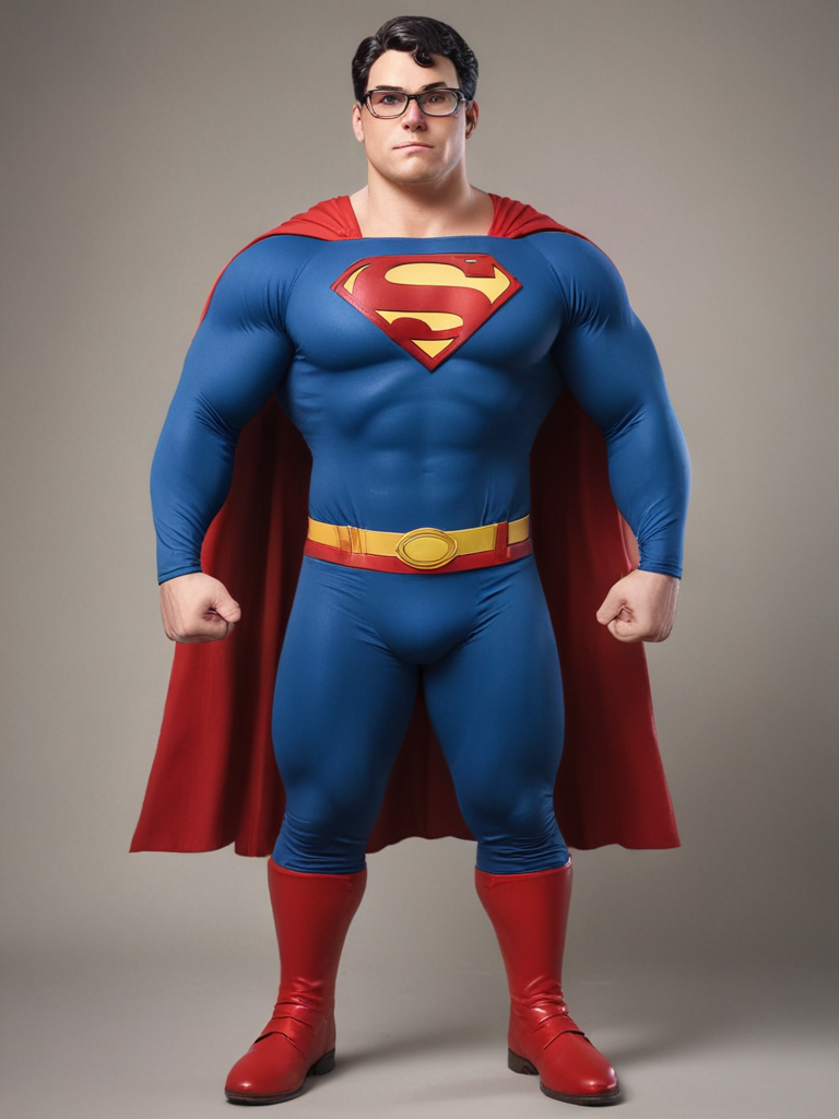 Realistic chubby high school nerd guy, realistic superman costume and ...