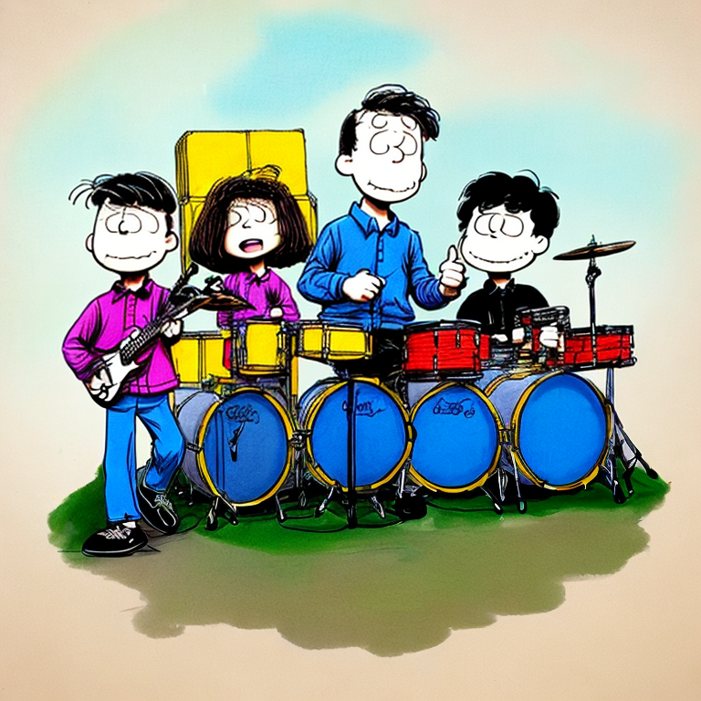 A cartoon drawing in the style of Peanuts of a rock and roll band.