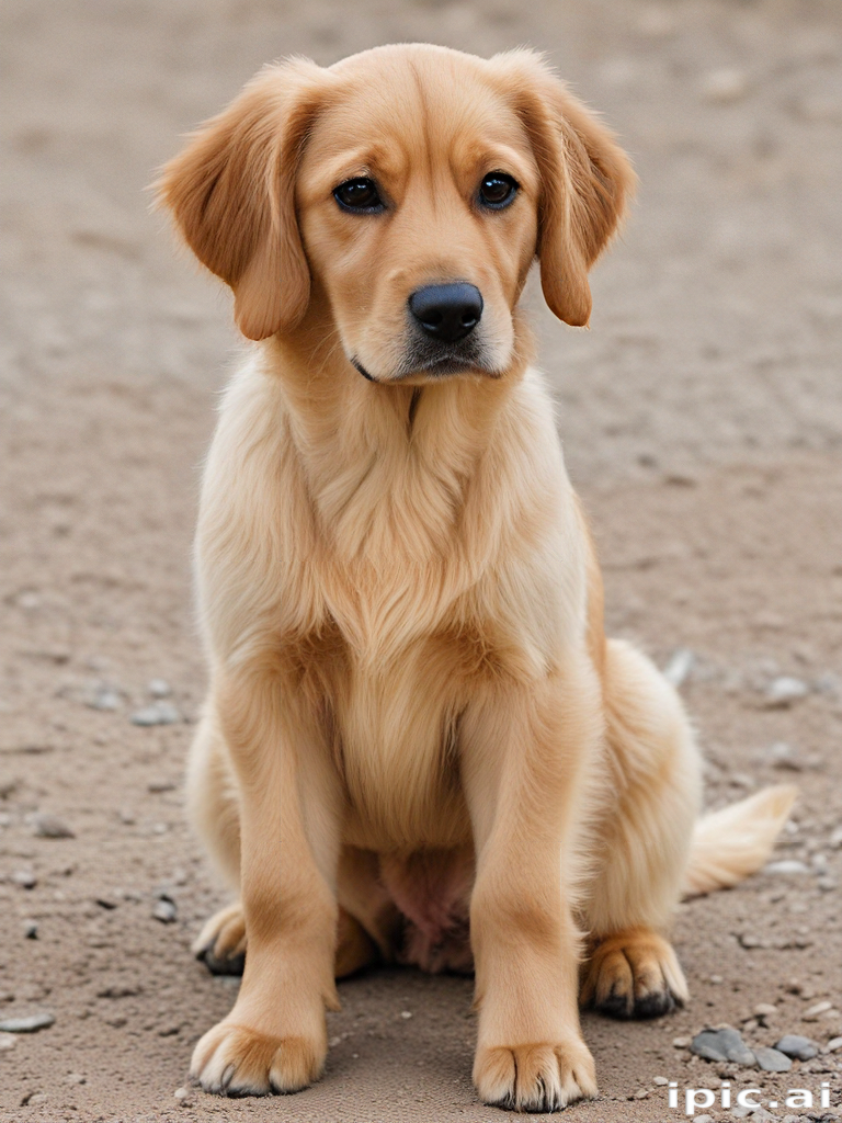 A Cute Golden Retriever Puppy Sitting on the Ground Outdoor Setting.