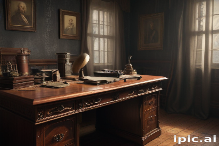 A Vintage Study Room with an Elegant Wooden Desk and Artwork.