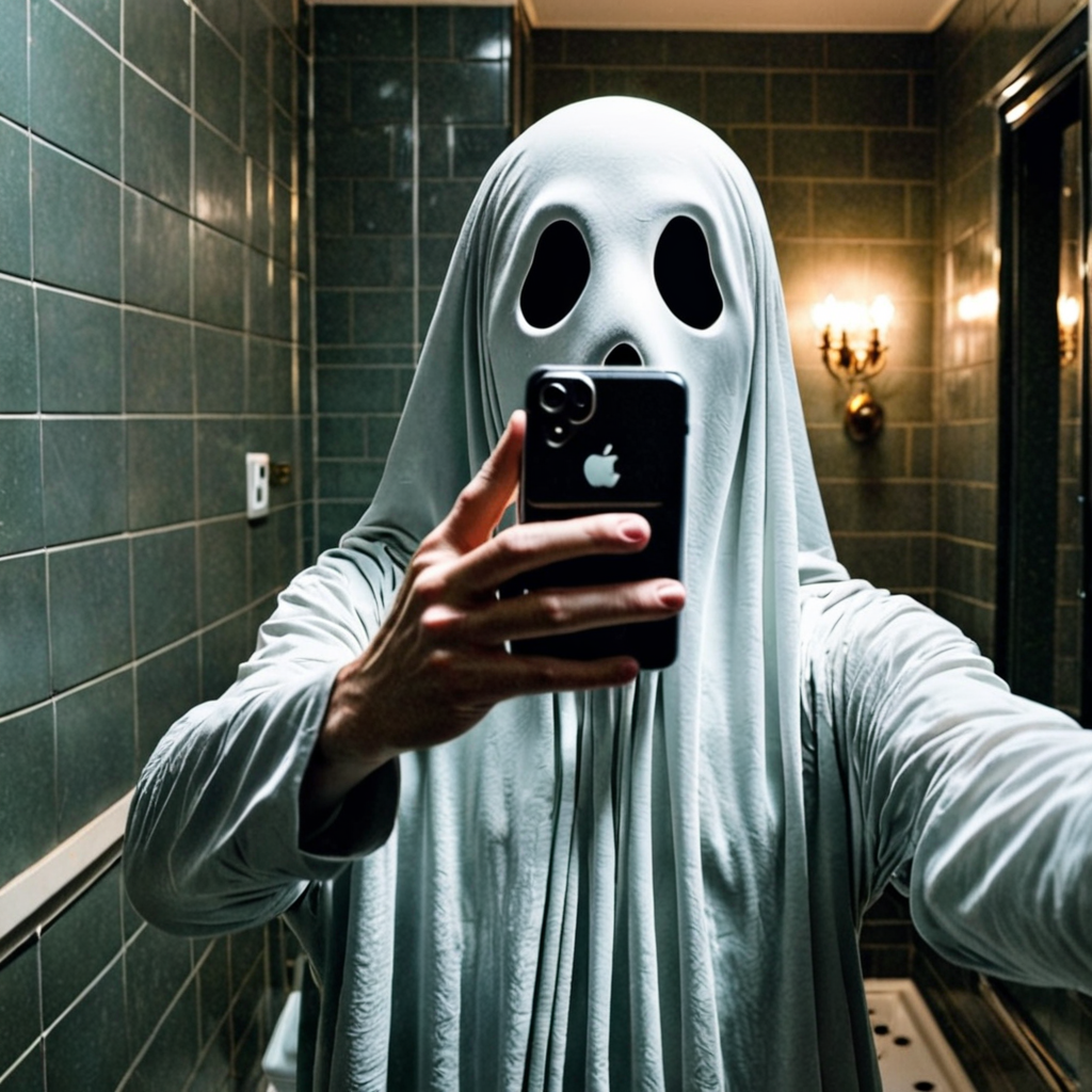 ghost taking a selfie in a dark bathroom