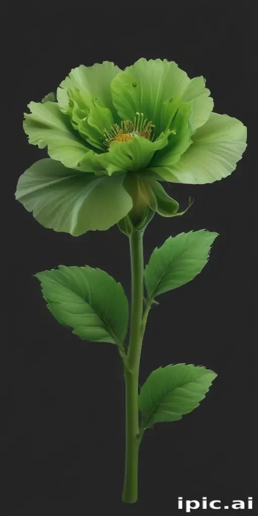 A Beautiful Green Flower Blooming with Lush Leaves Against a Dark ...
