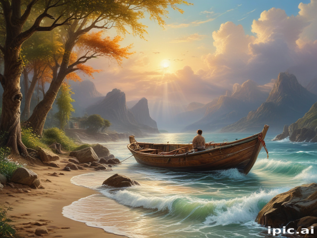 A Serene Sunset Overlooking a Tranquil Seaside with a Lonely Boat.