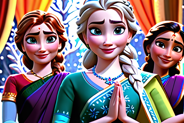 Elsa hug Anna take hands in saree indian smile frozen disney smile look ...