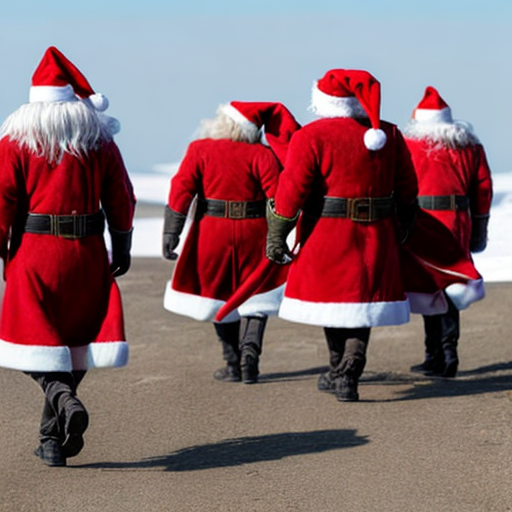 santa with elves and reindeer exercise in freezing north pole
