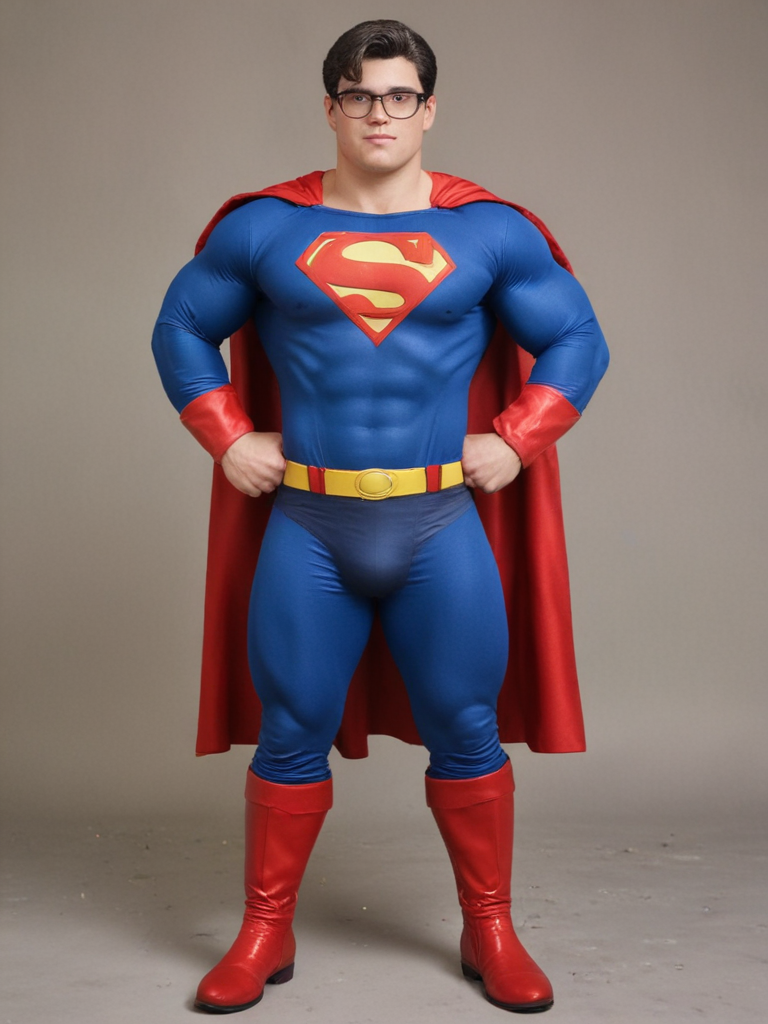 Dark gay bar, Realistic chubby high school nerd guy, realistic superman ...