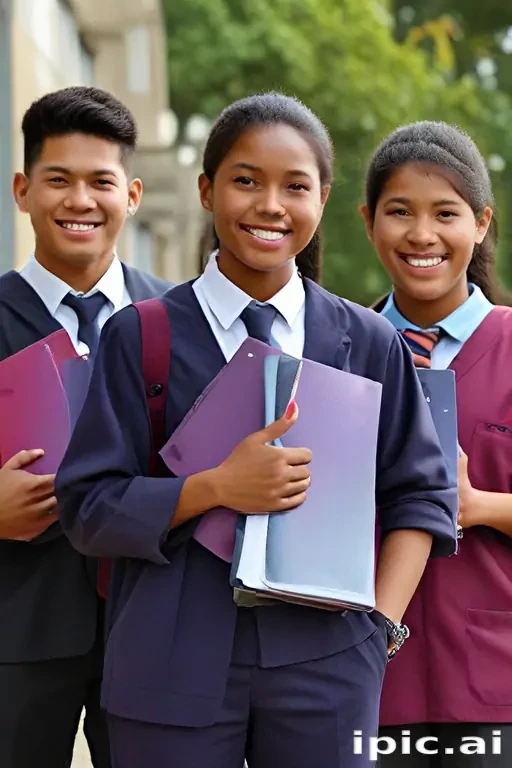 Three Smiling Students Posing Together with School Supplies Outdoors