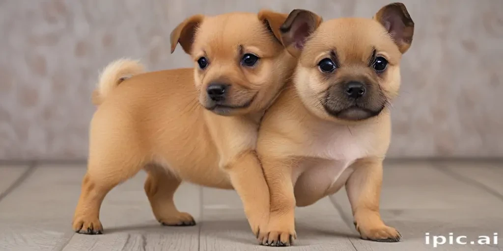 Adorable Twin Puppies Playfully Posing Together in a Cozy Setting.