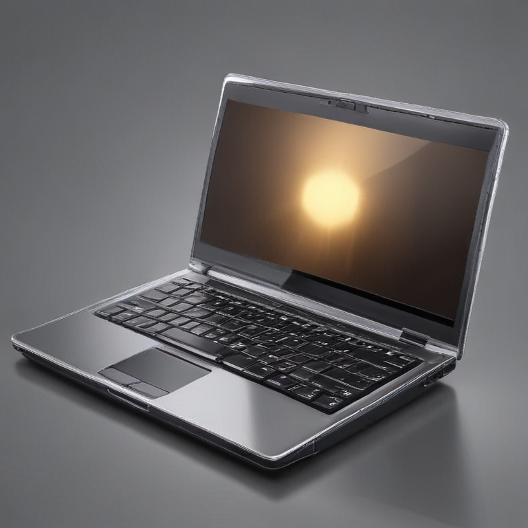 Modern Laptop on a Reflective Surface with Bright Light Glare Effect
