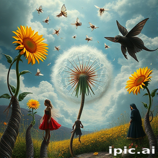 Whimsical Scene of Sunflowers, Dandelions, and Enchanted Creatures in ...