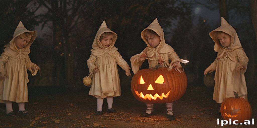 Four Children in Costumes Gather Around a Carved Pumpkin at Night