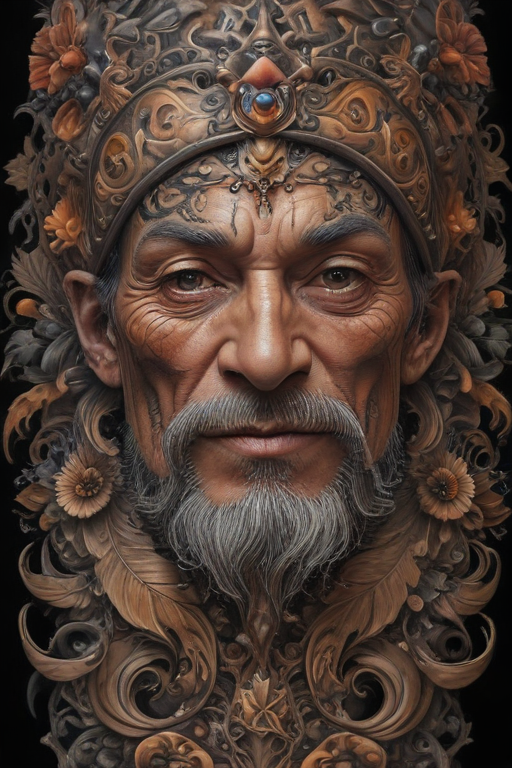Intricate Portrait of a Wise Elder with Ornate Floral Details