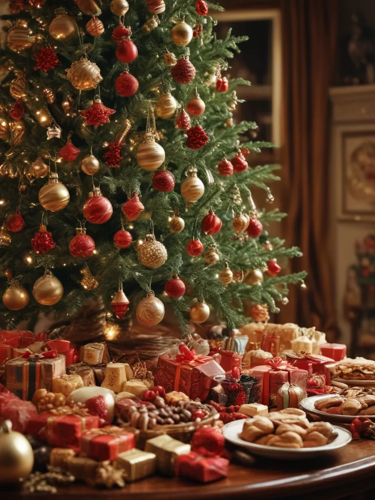 Festive Christmas Tree Surrounded by an Abundance of Gifts and Treats