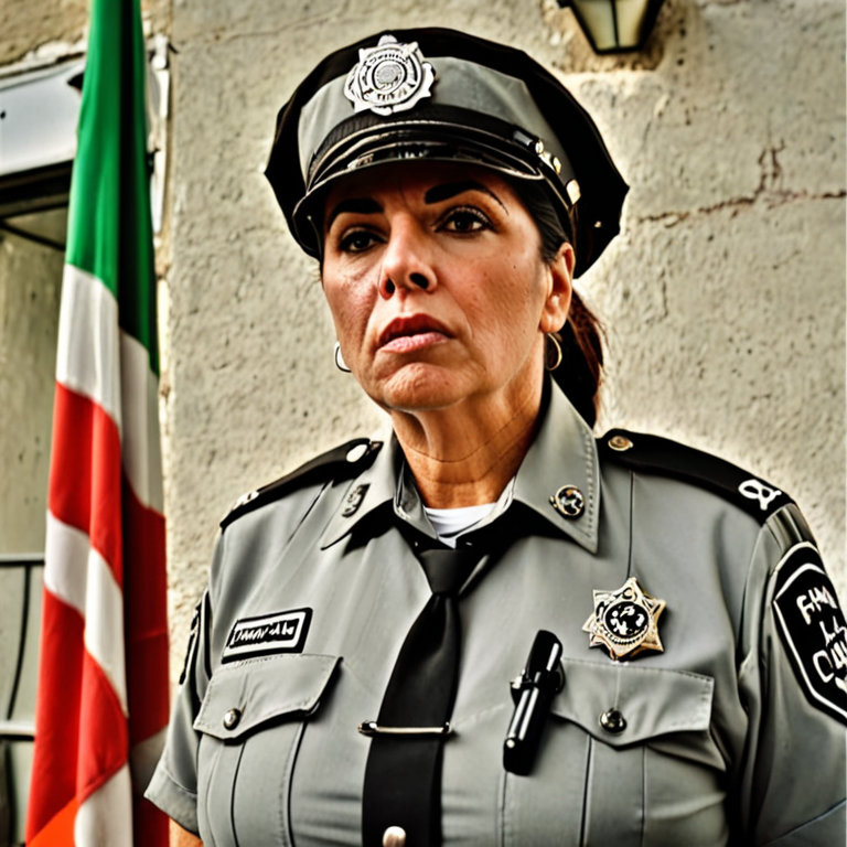 Stern Italian female correctional officer spitting