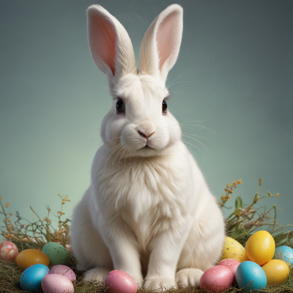Charming White Rabbit Surrounded by Colorful Easter Eggs in a Pastoral ...