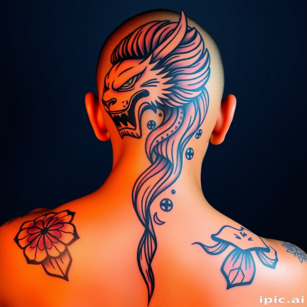 Intricate Back Tattoo of a Fierce Lion with Floral Accents