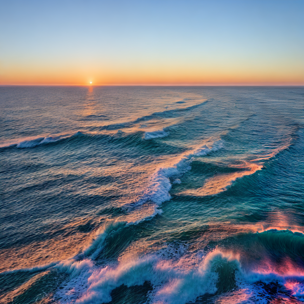 Sunset looking back at the shoreline from far out to sea on boat
