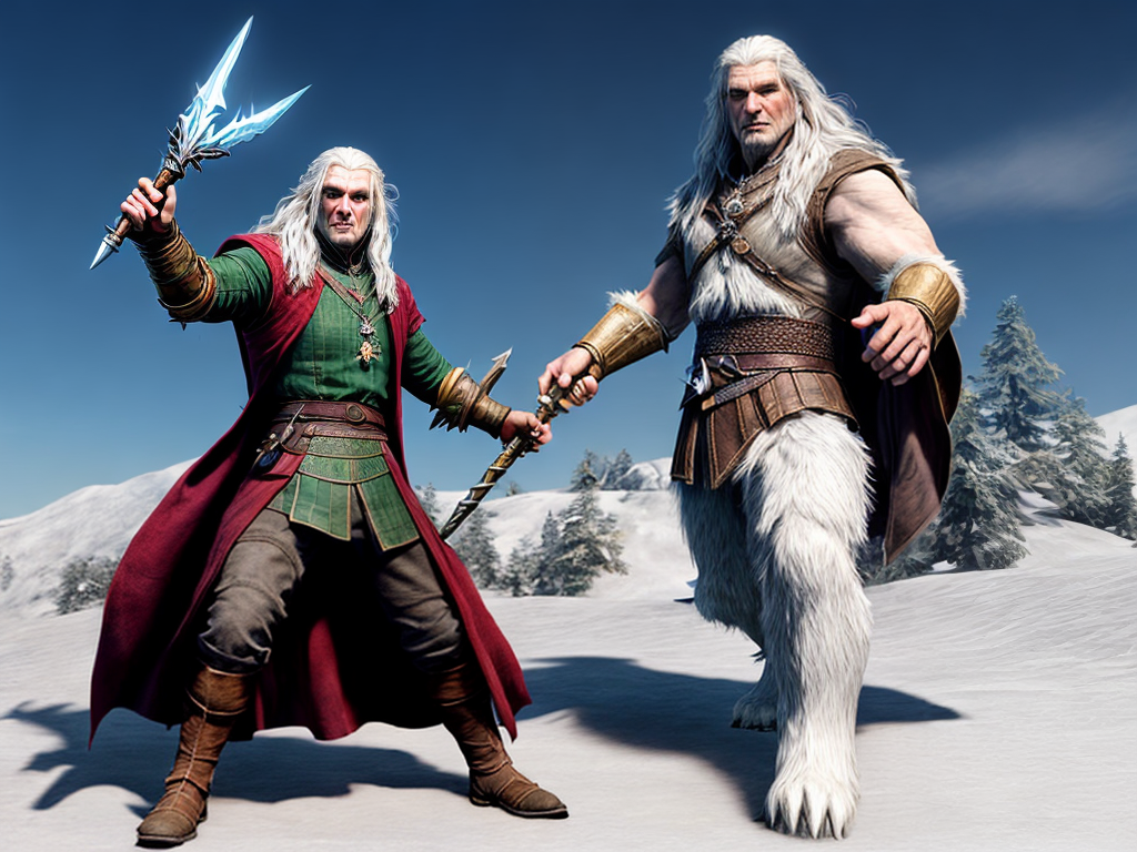 create a male wizard character, long white hair, with a staff in his ...