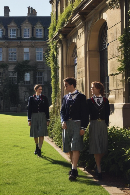 Three Students in Uniform Walking Along a Beautiful Green Campus Path