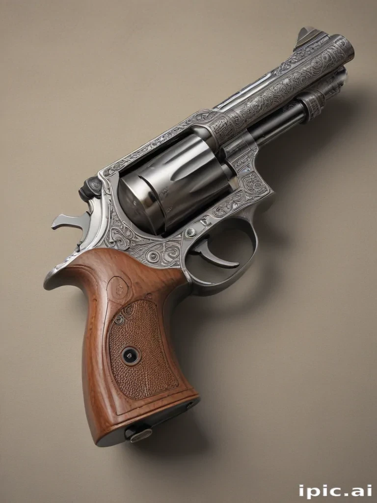 Intricately Designed Revolver with Elegant Wood Grip and Detailed Metalwork
