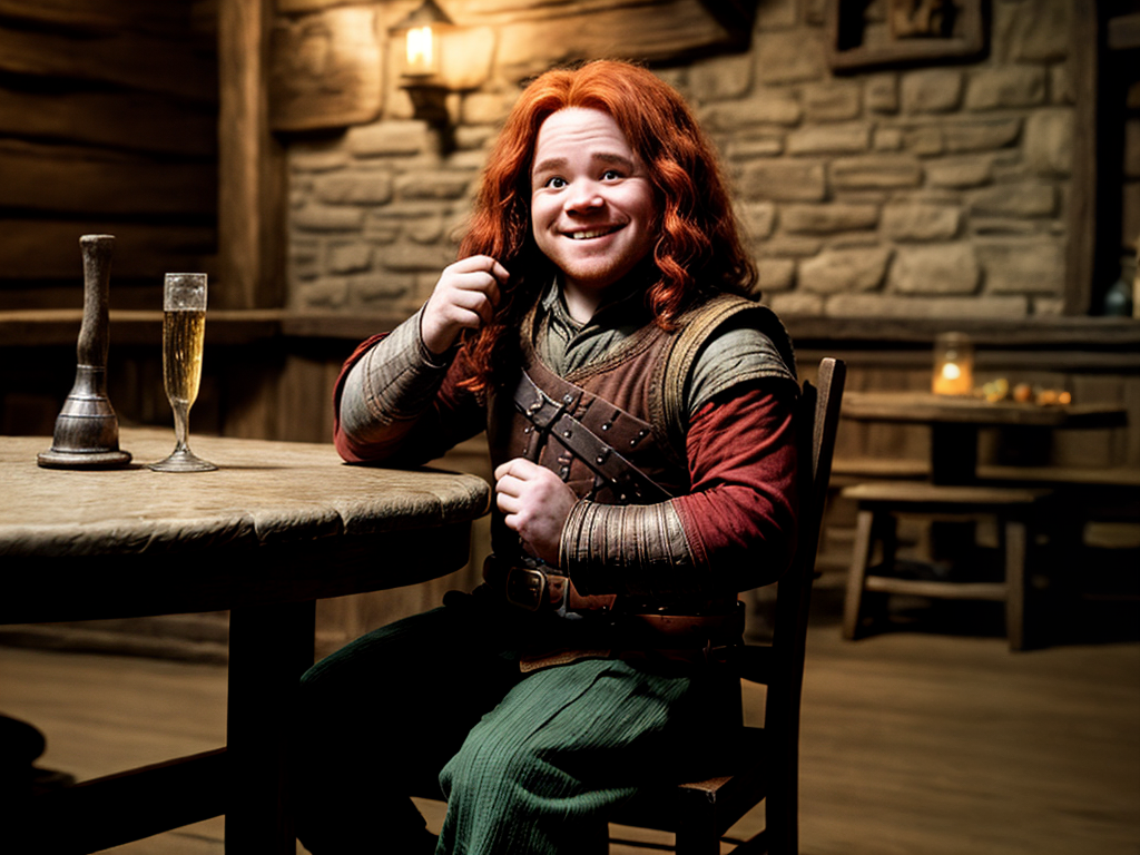 a qdulty red-haired halfling bard sitting at a table in a full medieval ...