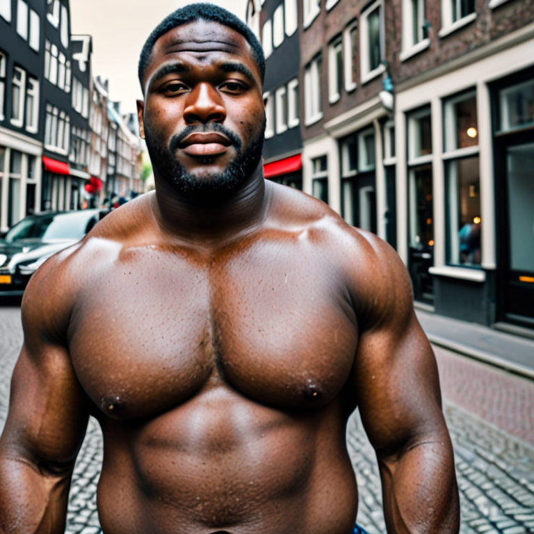 big muscular black man with fat face and scars taking a selfie in amsterdam