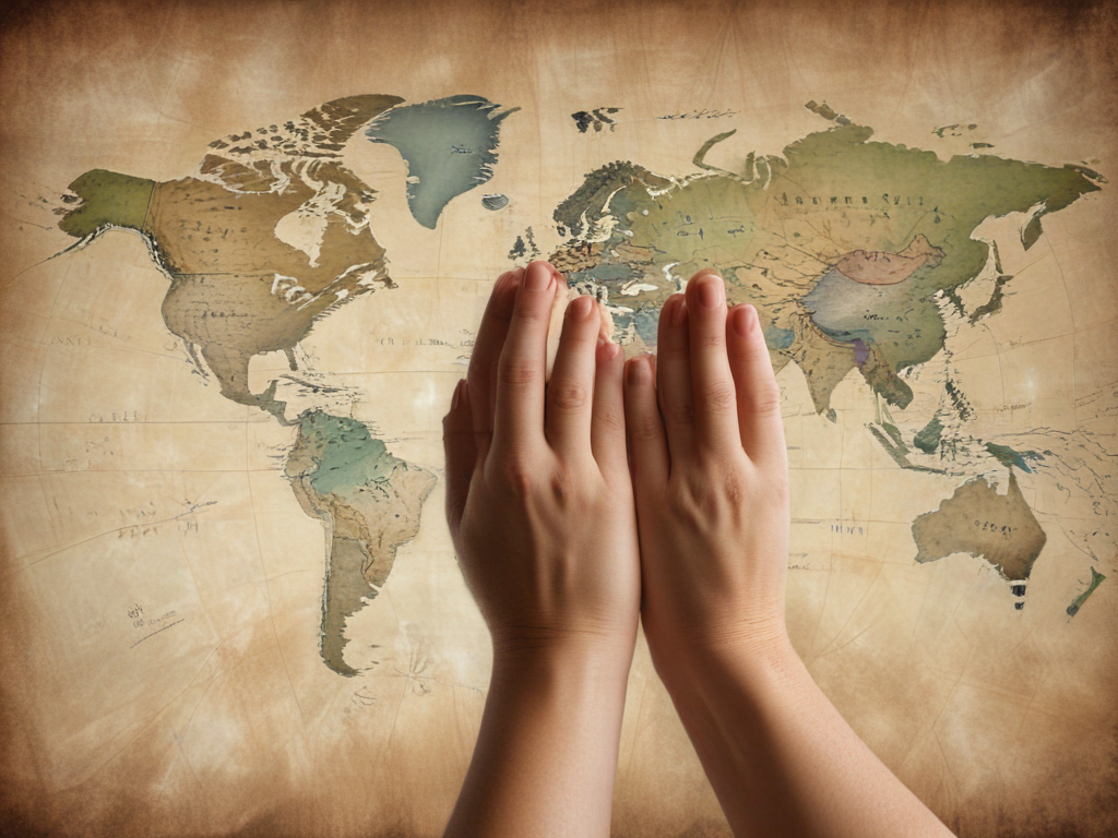 Generate an image of a person's hands clasped in prayer, with a map of ...