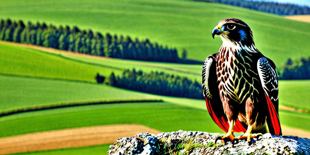 german landscape, hills, falcon, red scarf