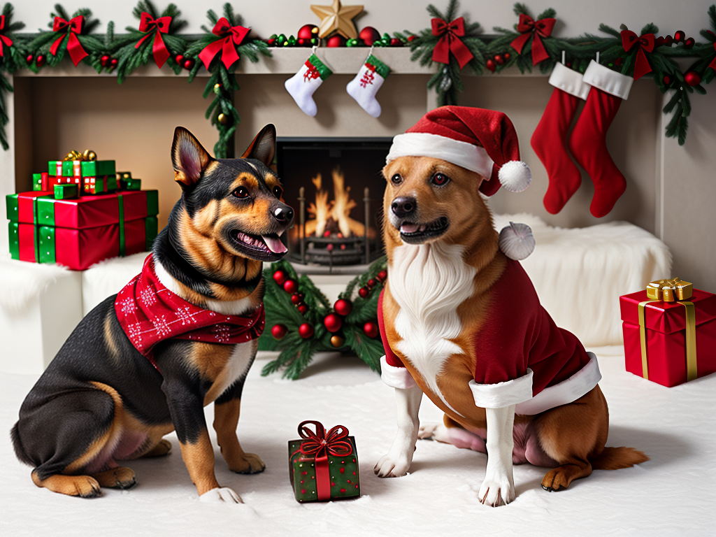 Two Adorable Dogs Dressed for Christmas Cheer by the Fireplace