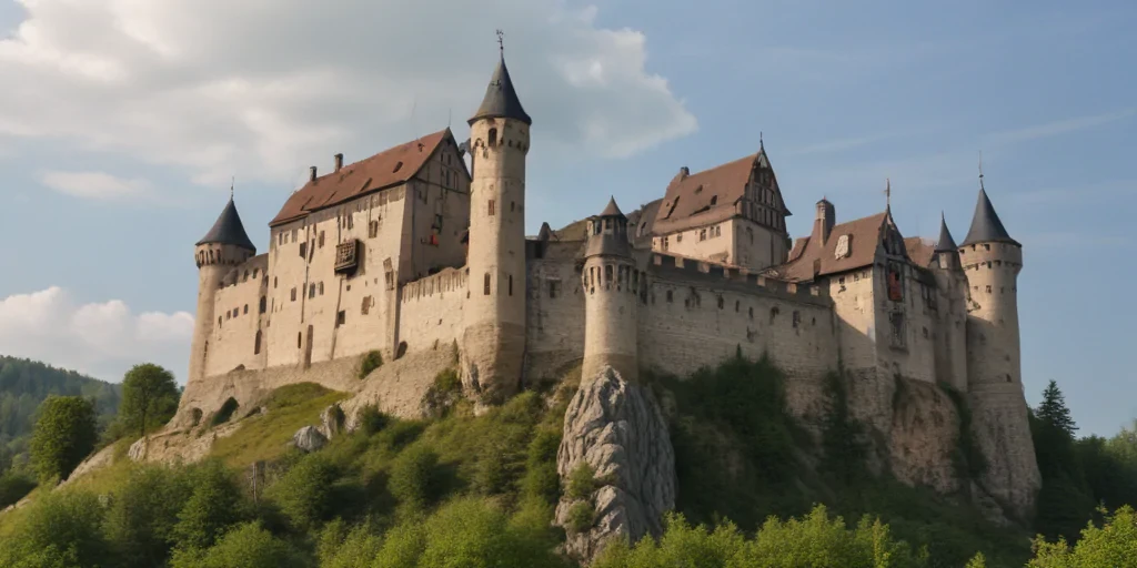 Majestic Medieval Castle Overlooking Lush Green Hills and Blue Sky