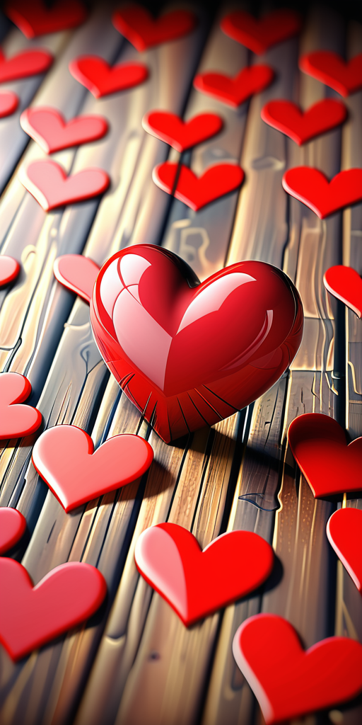 Vibrant Red Hearts Spread Across a Rustic Wooden Surface in Love