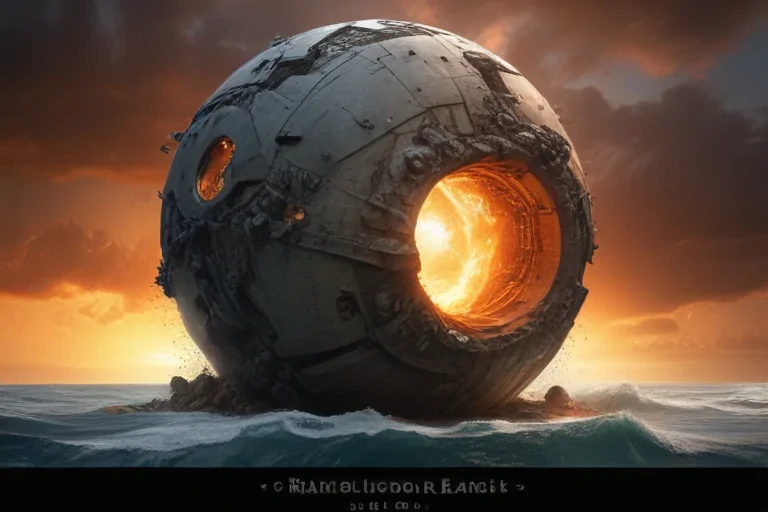 Enigmatic Metallic Sphere Emerges from Ocean, Radiating Fiery Light at Dusk
