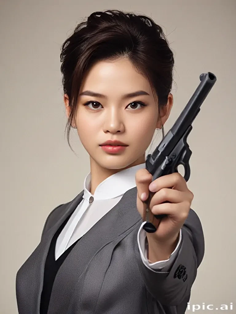 Confident Woman in Business Attire Pointing a Gun with Determination