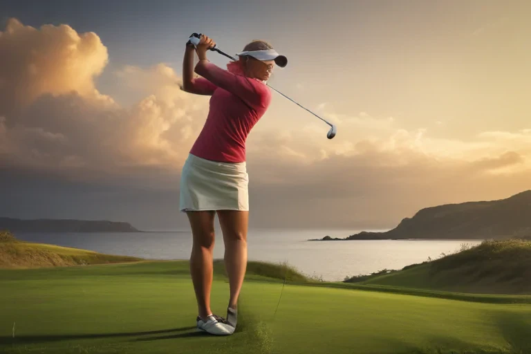 Sunset Golfing: A Passionate Golfer Perfecting Her Swing by the Ocean