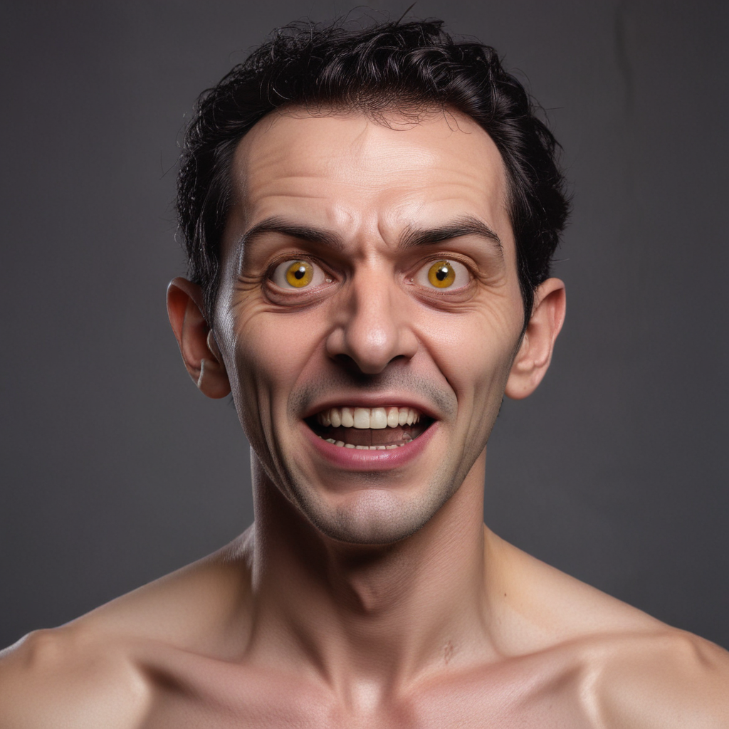 An scary mid age man with creepy yellow eyes and a big scary smile from ...