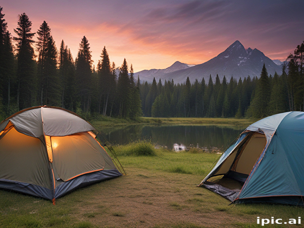 Peaceful Campsite at Dawn with Tents by a Serene Lake