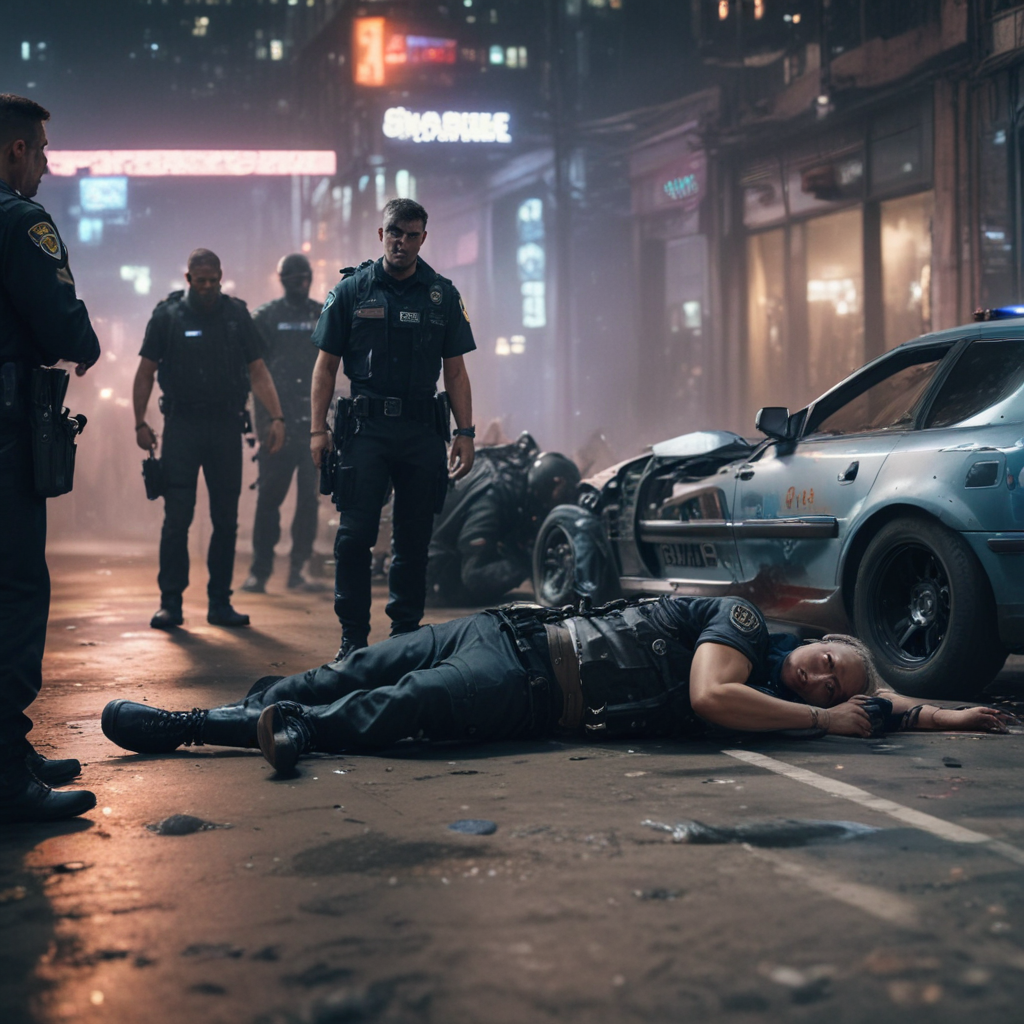 Cyberpunk Police detain an offender who is lying on the ground, with a ...