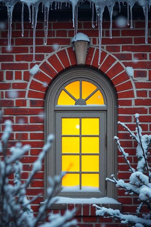 Cozy Winter Scene Featuring a Warmly Lit Window Surrounded by Snow