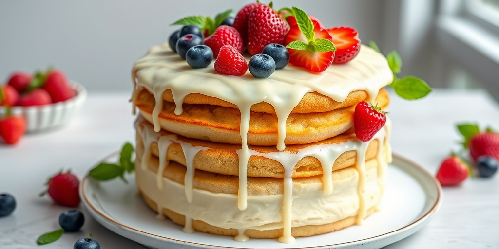 Deliciously Layered Cake Topped with Fresh Berries and Creamy Frosting.