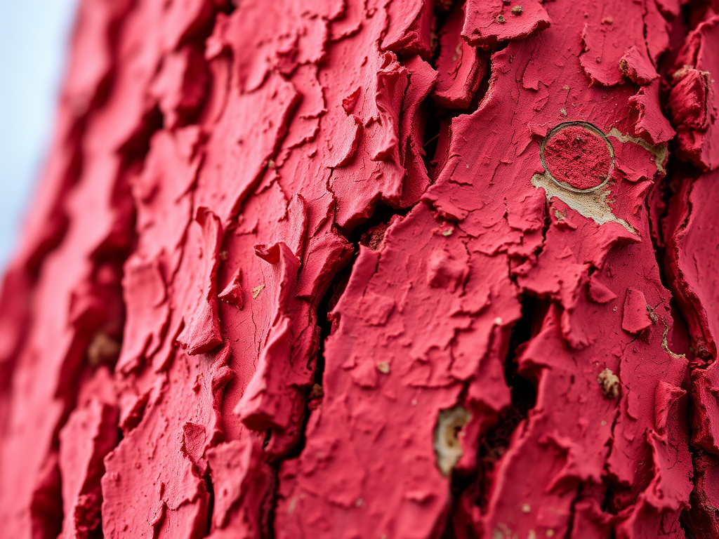 A Close-Up View of a Textured Red Tree Bark with Peeling Paint.