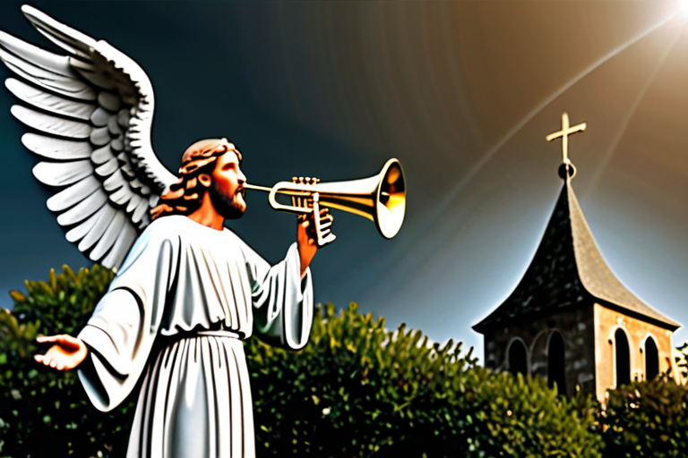 an angel blowing the last trumpet and Jesus Christ returning taking his ...
