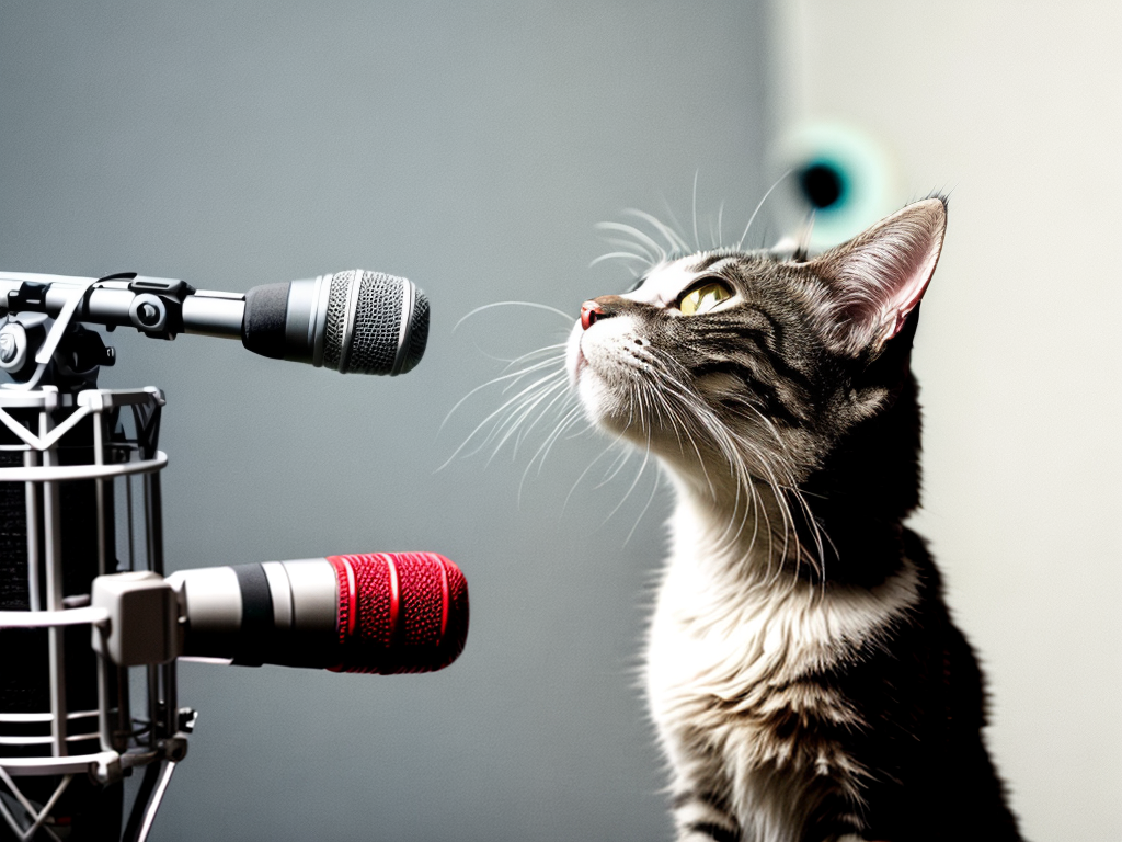 cat with a red hat singing into a microphone in a recording studio