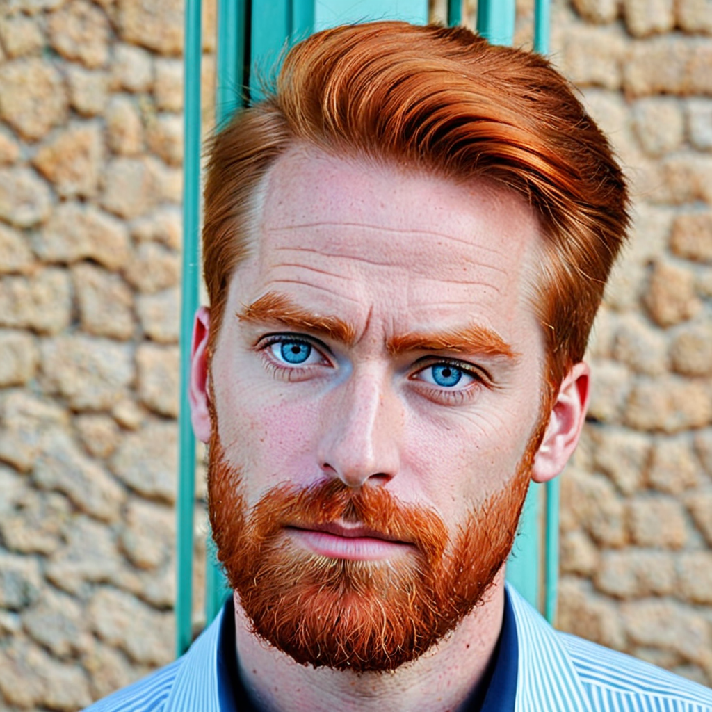 Montre moi une photo d'un homme roux avec un bouc de 3 cm et le reste ...